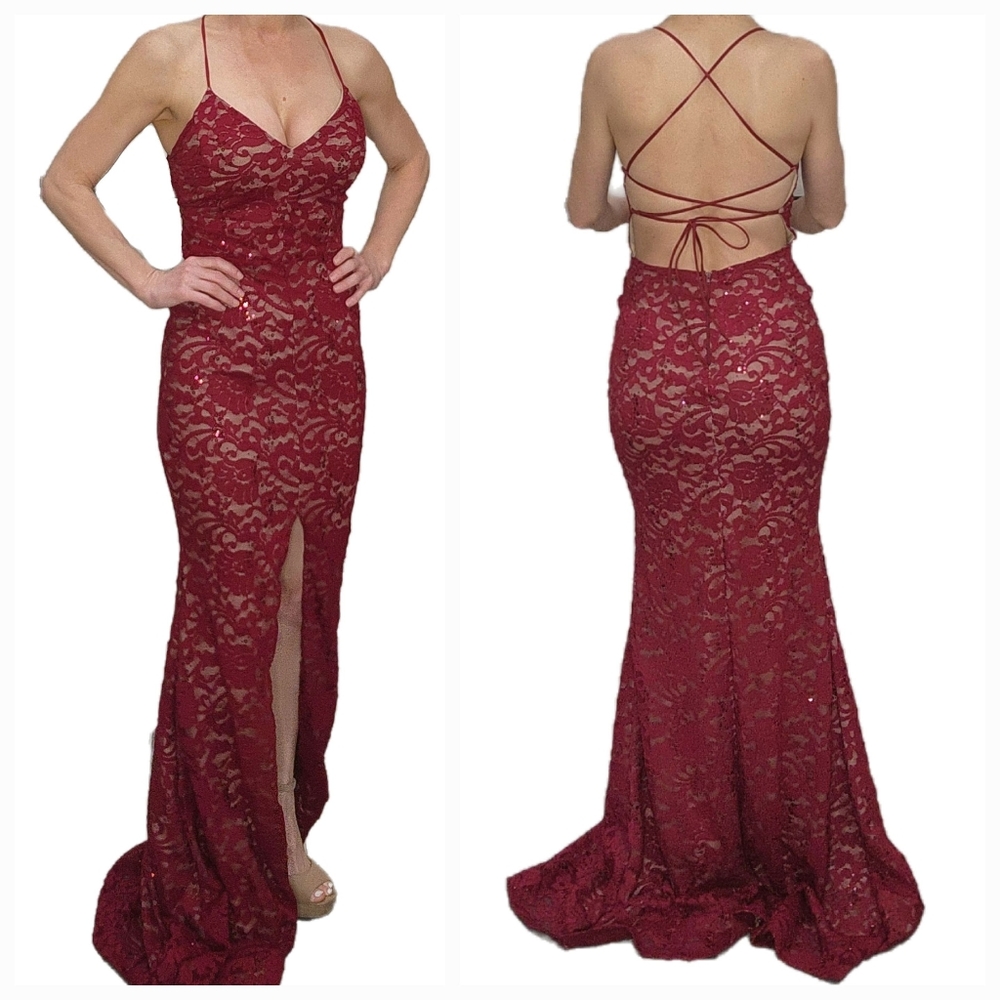 Backless Mermaid Prom Dresses Long Red V-Neck Sleevel… - Gem